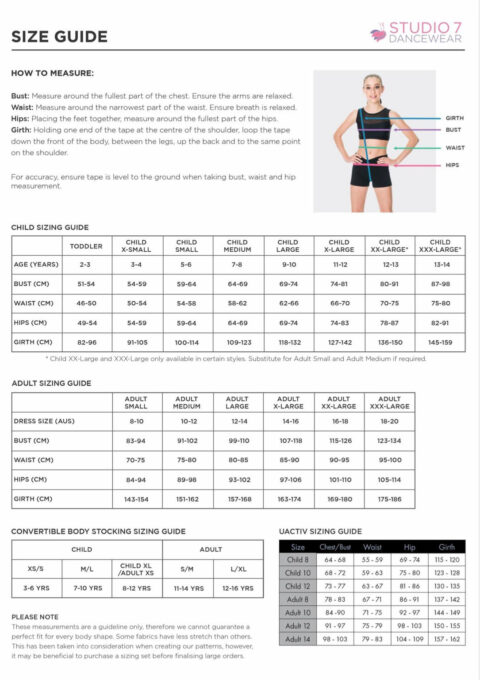 Studio 7 Clothing Size Guide - Dream Catcher Dancewear