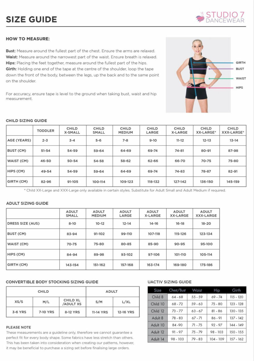 Studio 7 Clothing Size Guide - Dream Catcher Dancewear